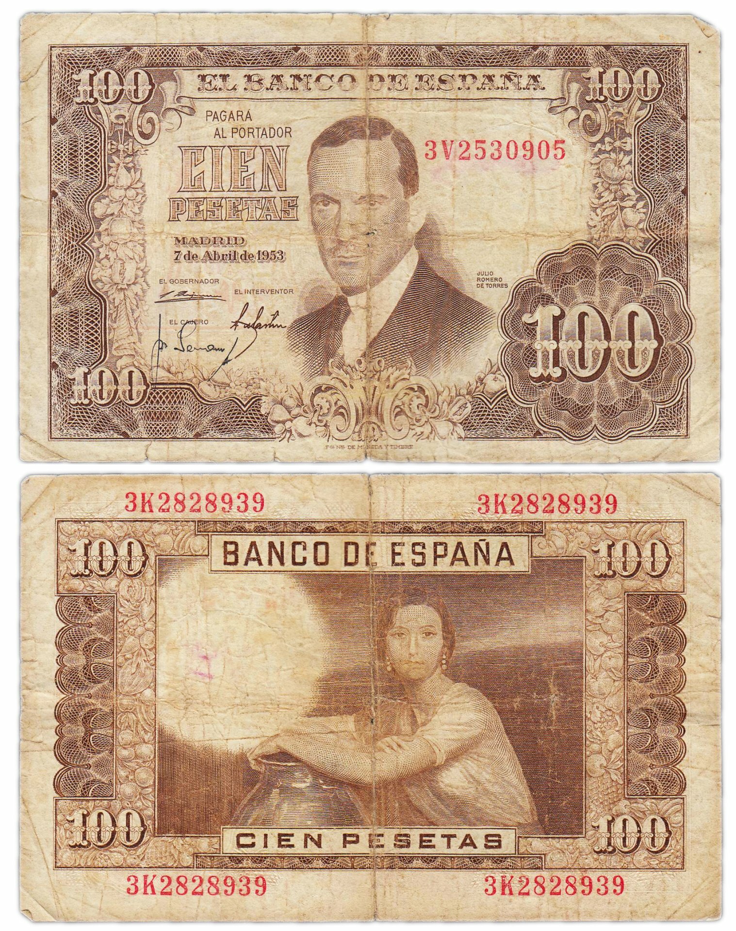 Испания 100 песет 1953 Pick 145a Хулио Ромеро де Торрес