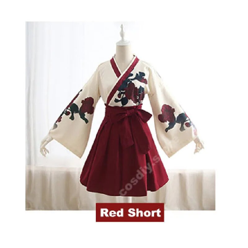 Женское японское кимоно с цветочным принтом M, Red Short