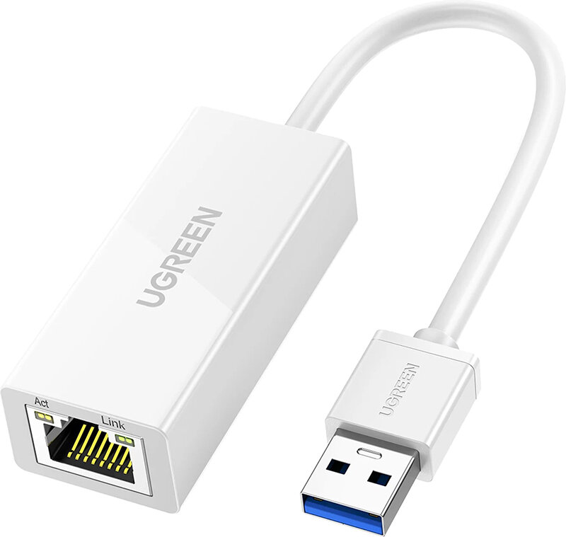 Переходник UGREEN CR111 с USB 3.0 A на RJ45, оснащённый ферритовым фильтром и белым корпусом 0.1 м, является премиумрешением.