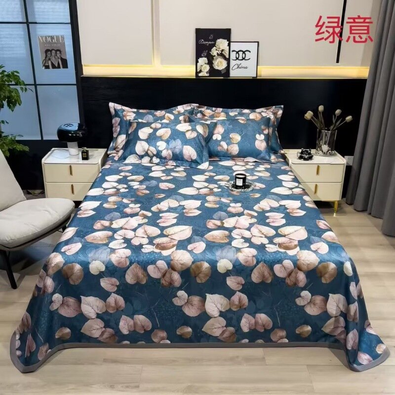 Набор из 3 предметов Ice Silk: летний комплект с зеленым листовым принтом, 230x245 см, машинная стирка