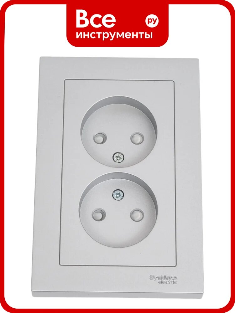 Розетка Systeme Electric AtlasDesign Алюминий б/з двойная, со шторками,16А, в сборе