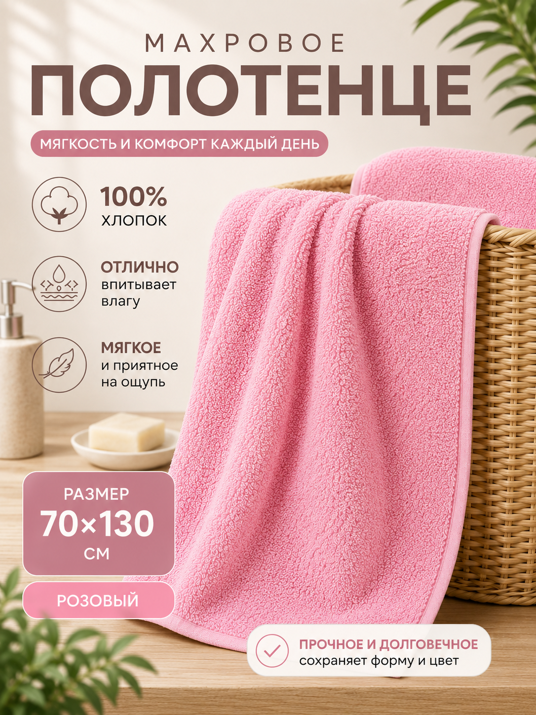 Полотенце Бояртекс, махровое, розовое, 100 % хлопок, 70 см x 130 см