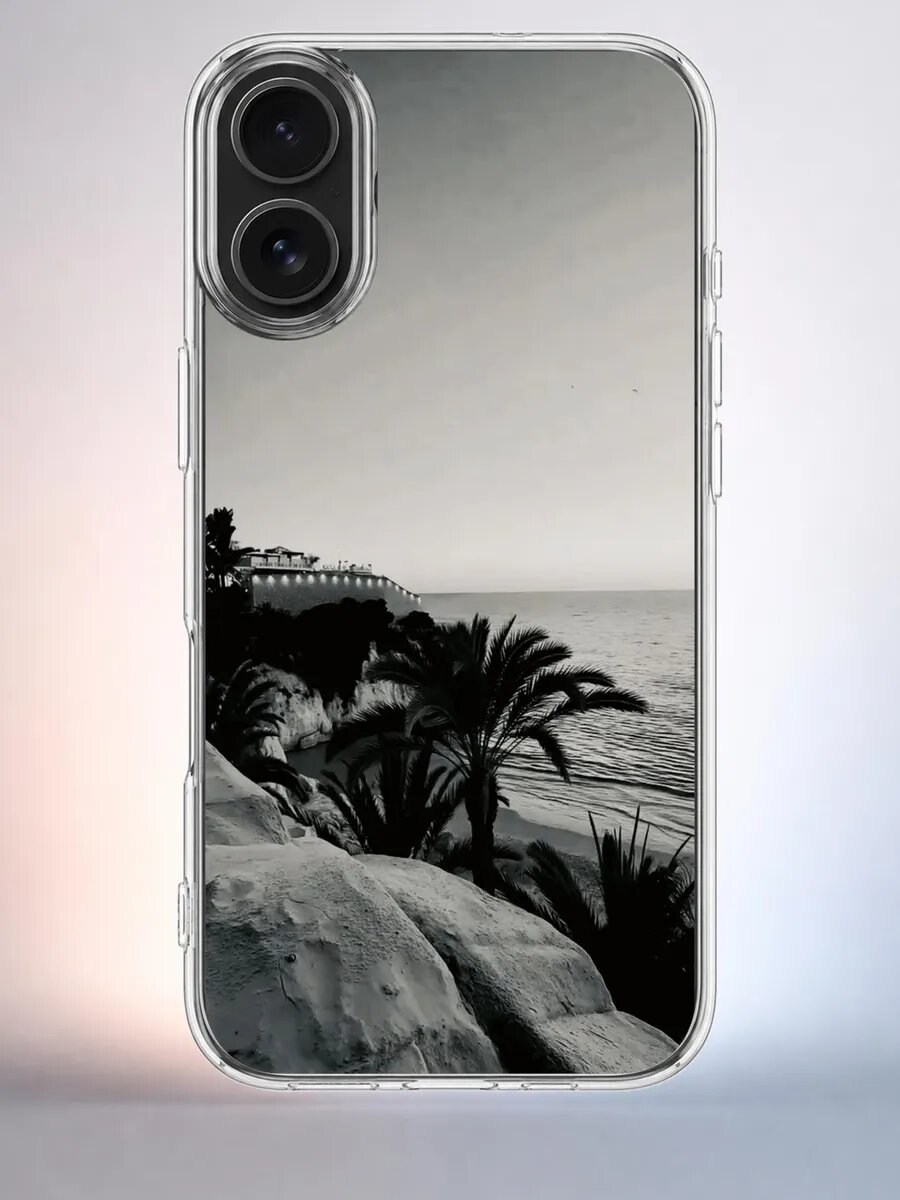 Чехол iPhone 16 скалы и пальмы силиконовый прозрачный