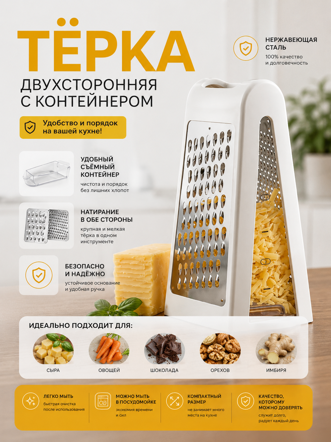 Компактная двухсторонняя терка из нержавеющей стали с контейнером