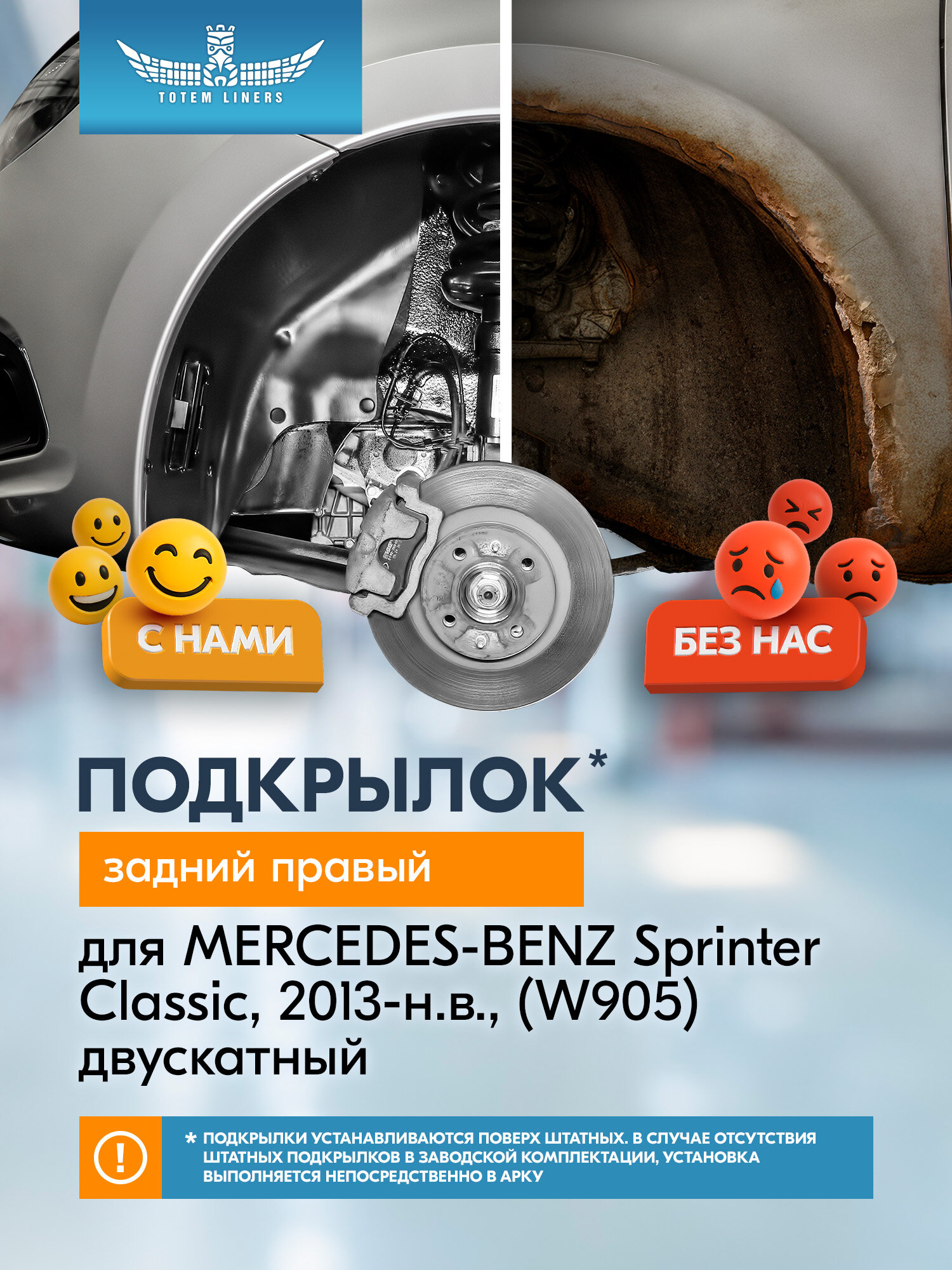 Подкрылок для MERCEDES-BENZ Sprinter Classic, 2013-н. в, (W905) двускатный Totem Liners задний правый 1 шт. / Мерседес Бенц Спринтер