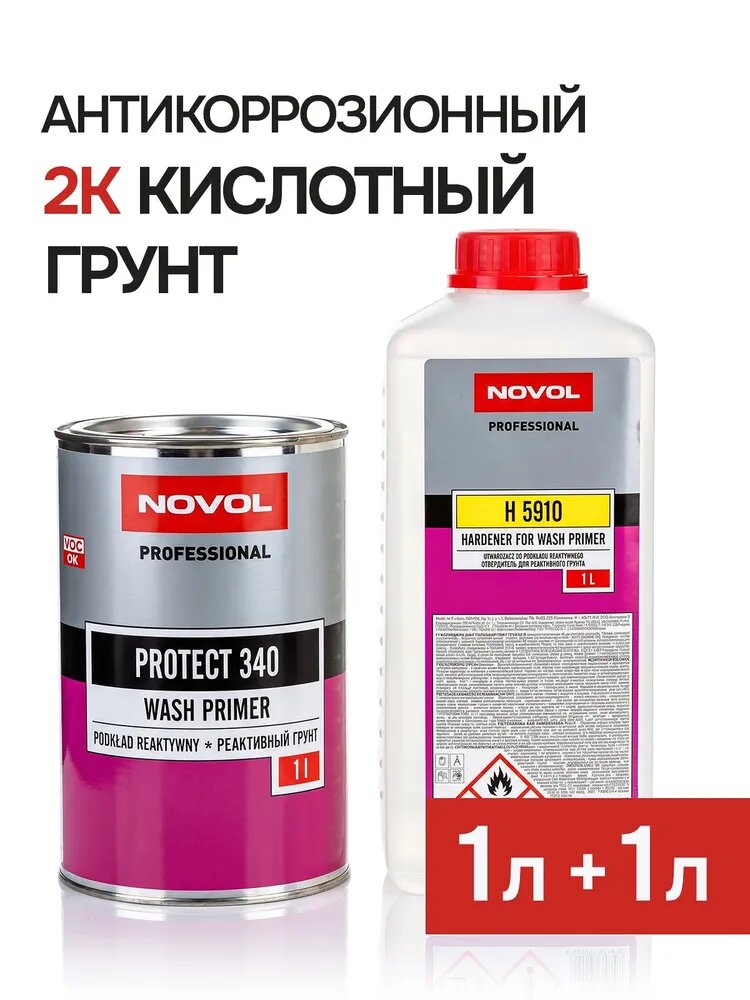 Грунтовка для автомобиля NOVOL PROTECT 340 2К, кислотный грунт, антикоррозийный, 1л+1л
