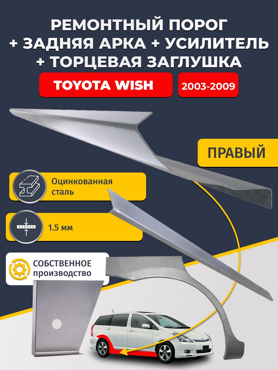 Правая ремонтная задняя арка (0,8 мм) и правый стандартный ремонтный порог + торцевая заглушка + усилитель, на Toyota Wish 2003-2009 минивэн (Тойота Виш 1). Оцинкованная сталь 1,5 мм