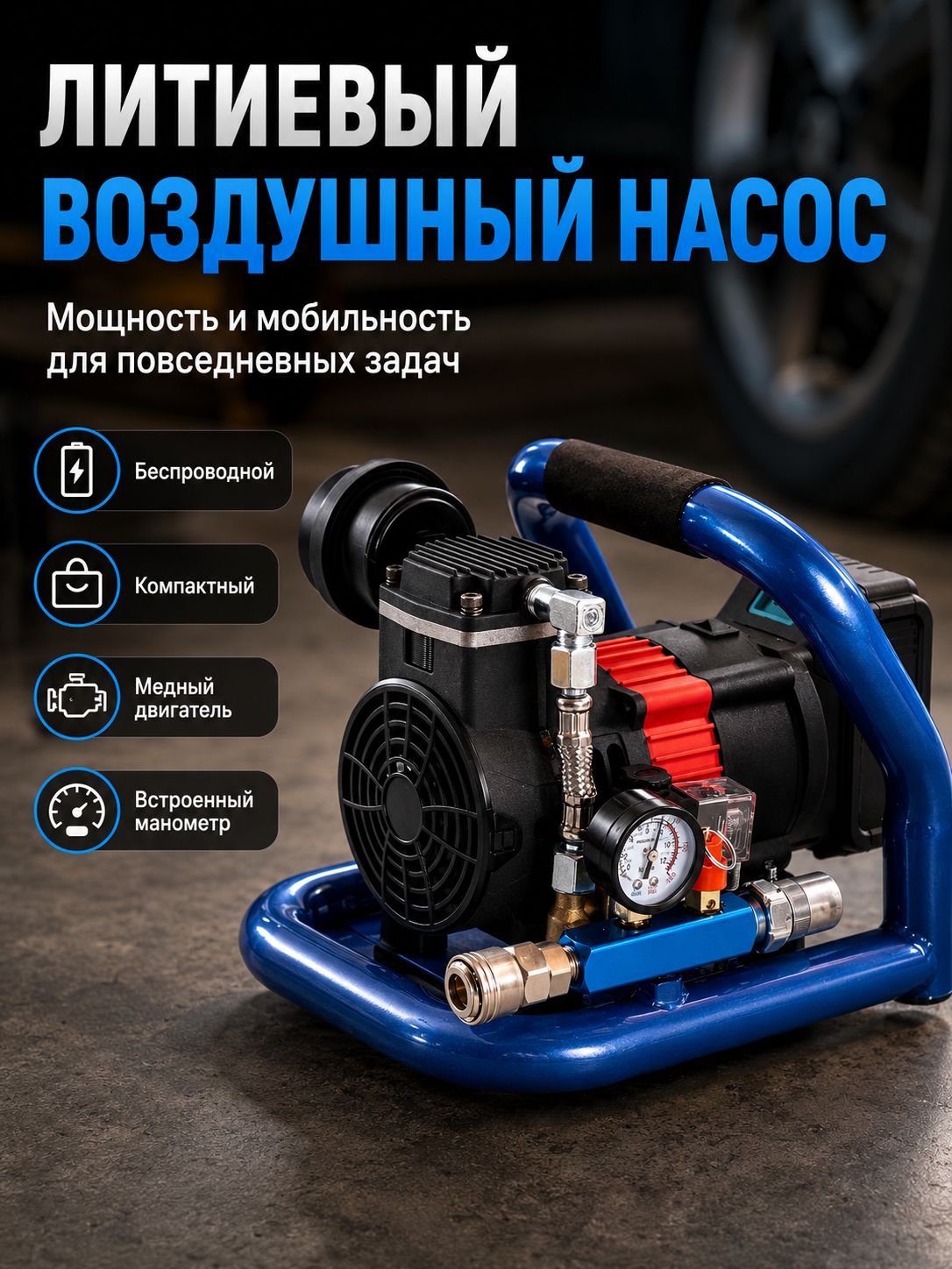 Портативный электрический насос высокого давления, компактная модель с манометром, для мастерской и активного отдыха