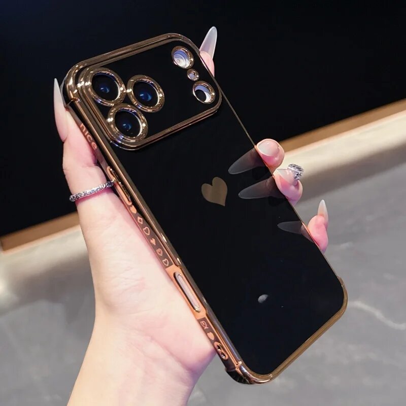 Мягкий чехол для телефона с роскошным покрытием Love Heart для iPhone 17, Air 16, 14, 13, 12, 11 Pro Max Mini Plus, силиконовая задняя крышка с узором по краям