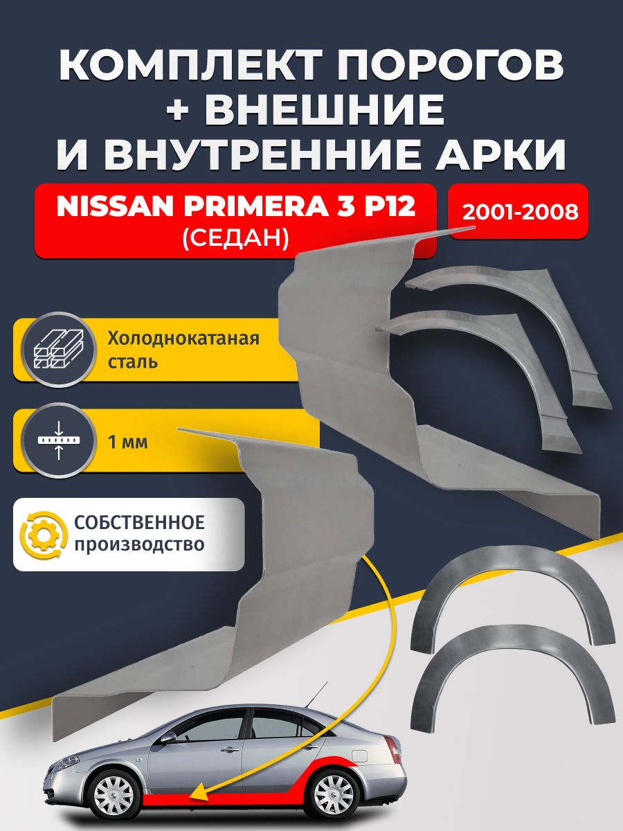Комплект ремонтных задних внешних и внутренних арок (0,8 мм) + комплект стандартных ремонтных порогов , на Nissan Primera P12 2001-2008 Седан (Ниссан Примера P12) Холоднокатаная сталь 1 мм