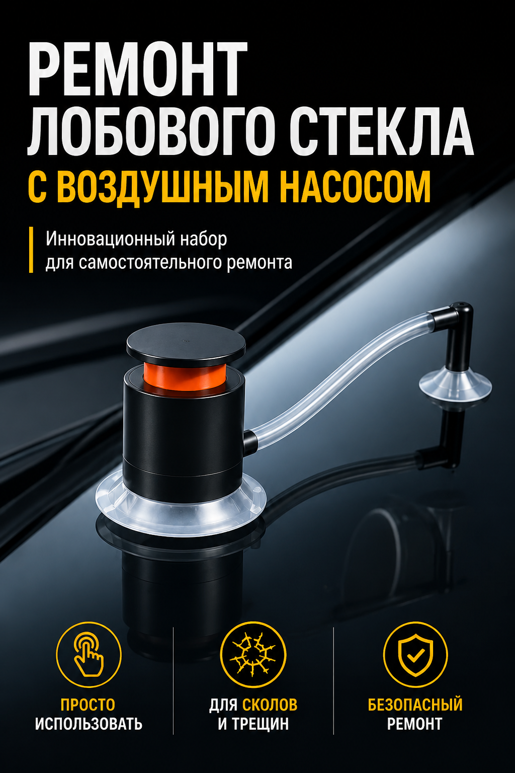 Набор для ремонта лобового стекла с воздушным насосом, ABS пластик, 80 мм