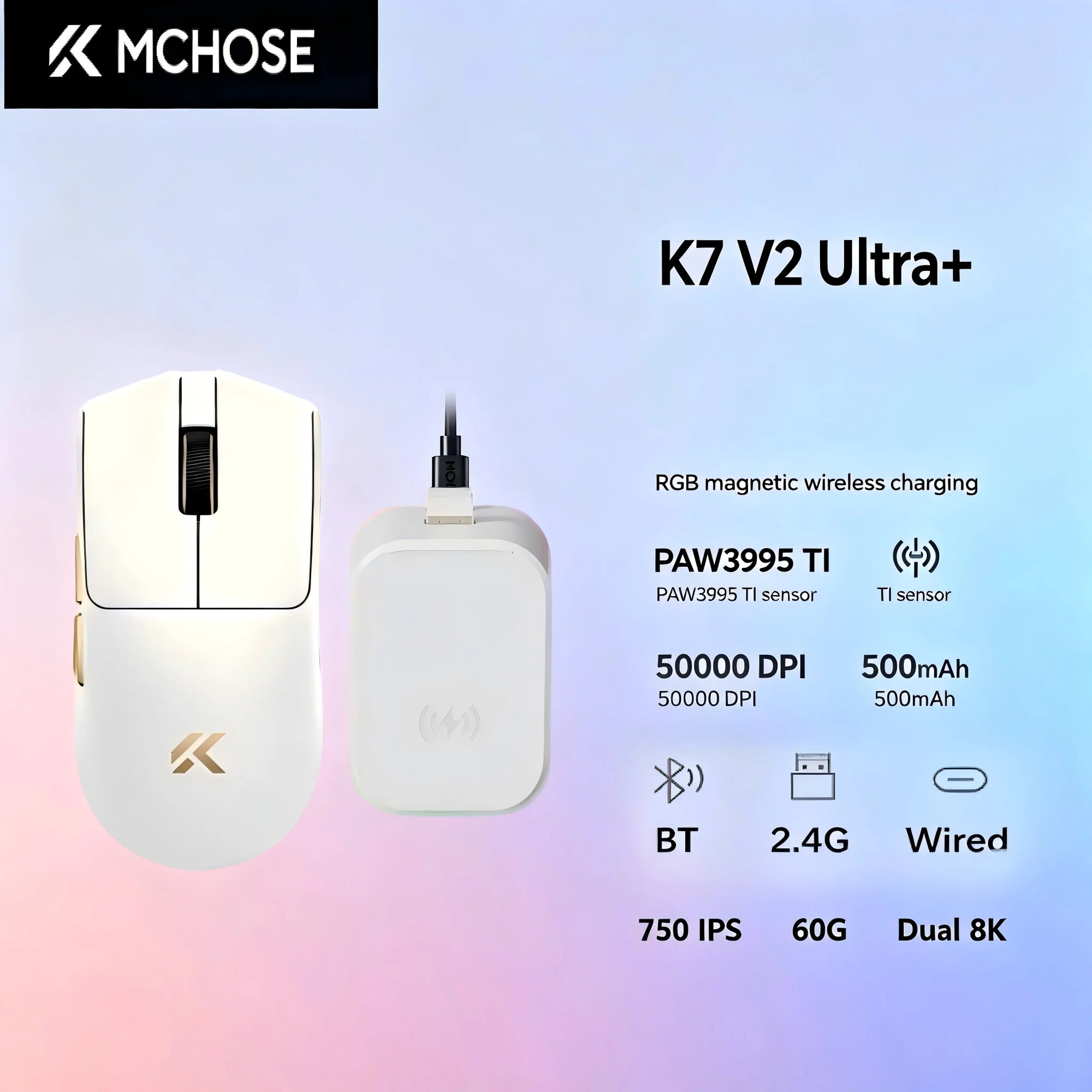 Беспроводная игровая мышь MCHOSE K7 V2 Ultra+ White gold-K7 V2