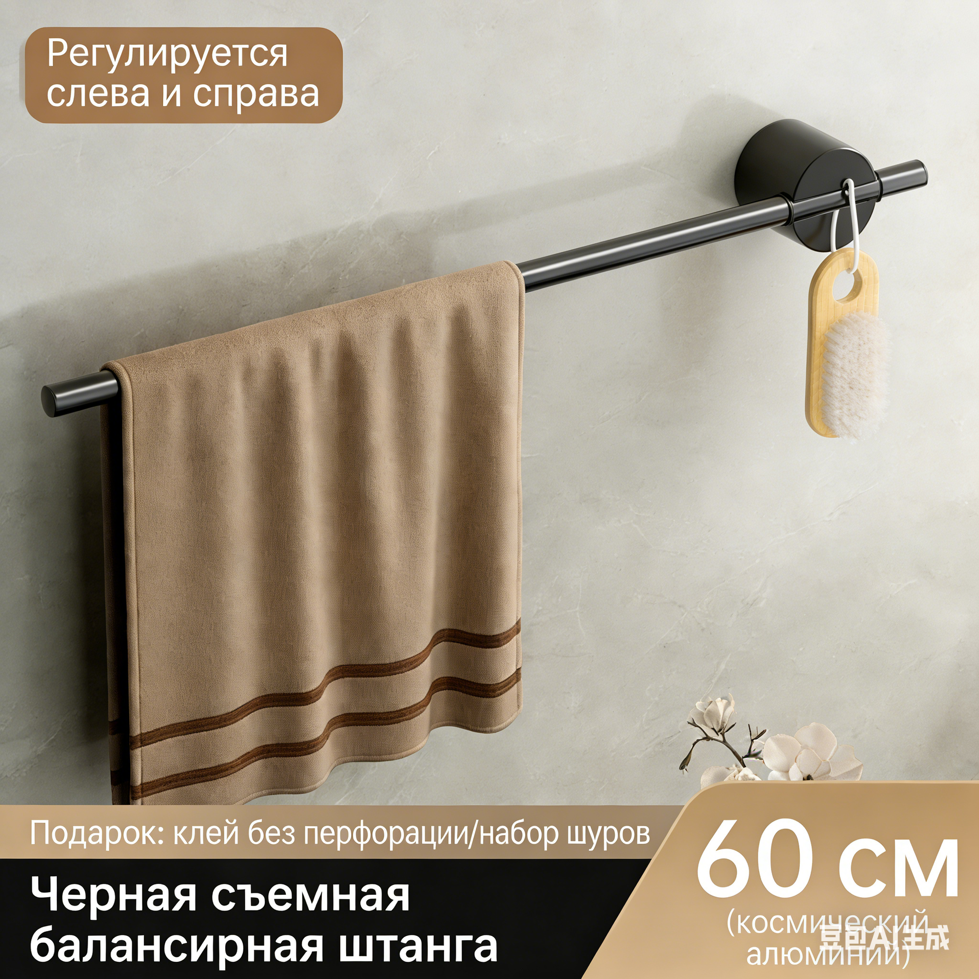 Ручка для полотен 60 см черный (алюминий) | Двусторонняя регулировка | Без перфорации