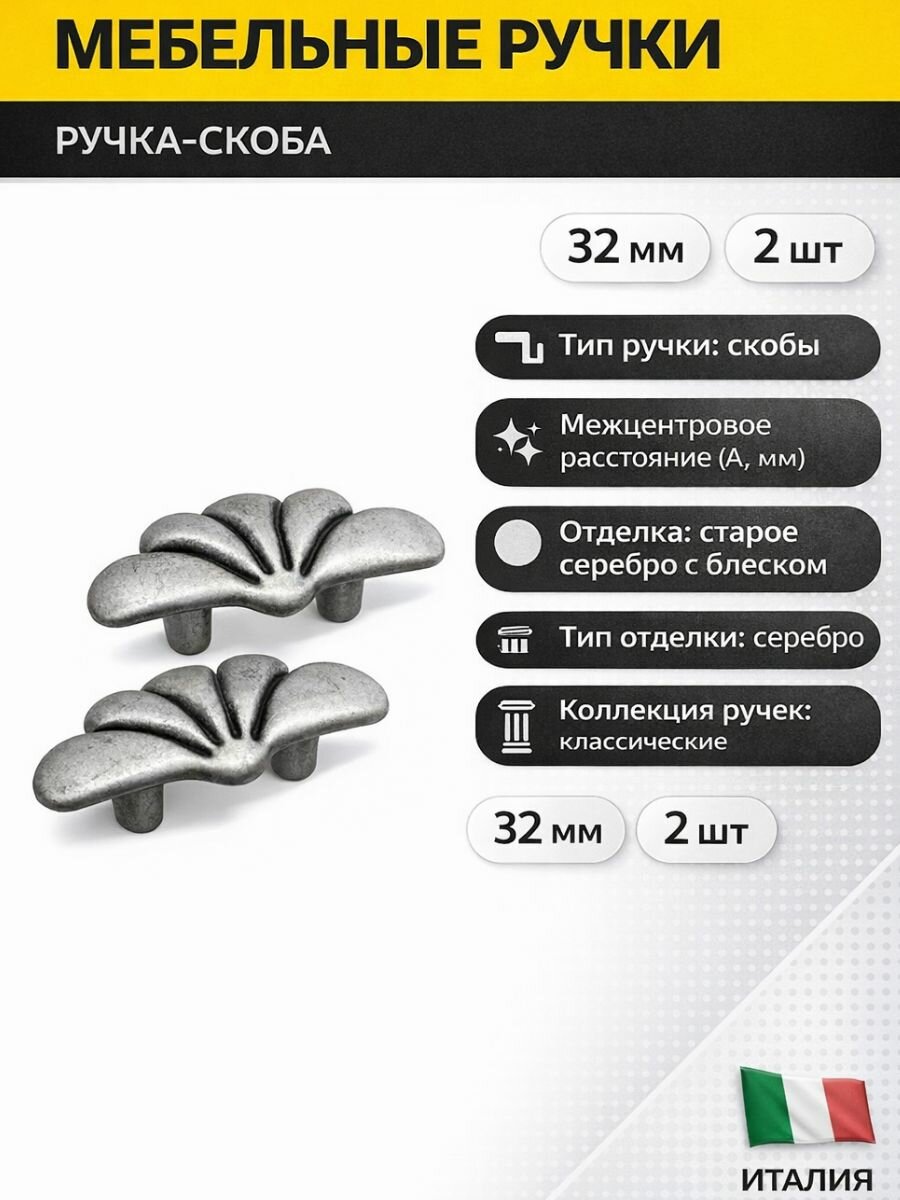 Мебельная ручка 2 шт, цвет серебро