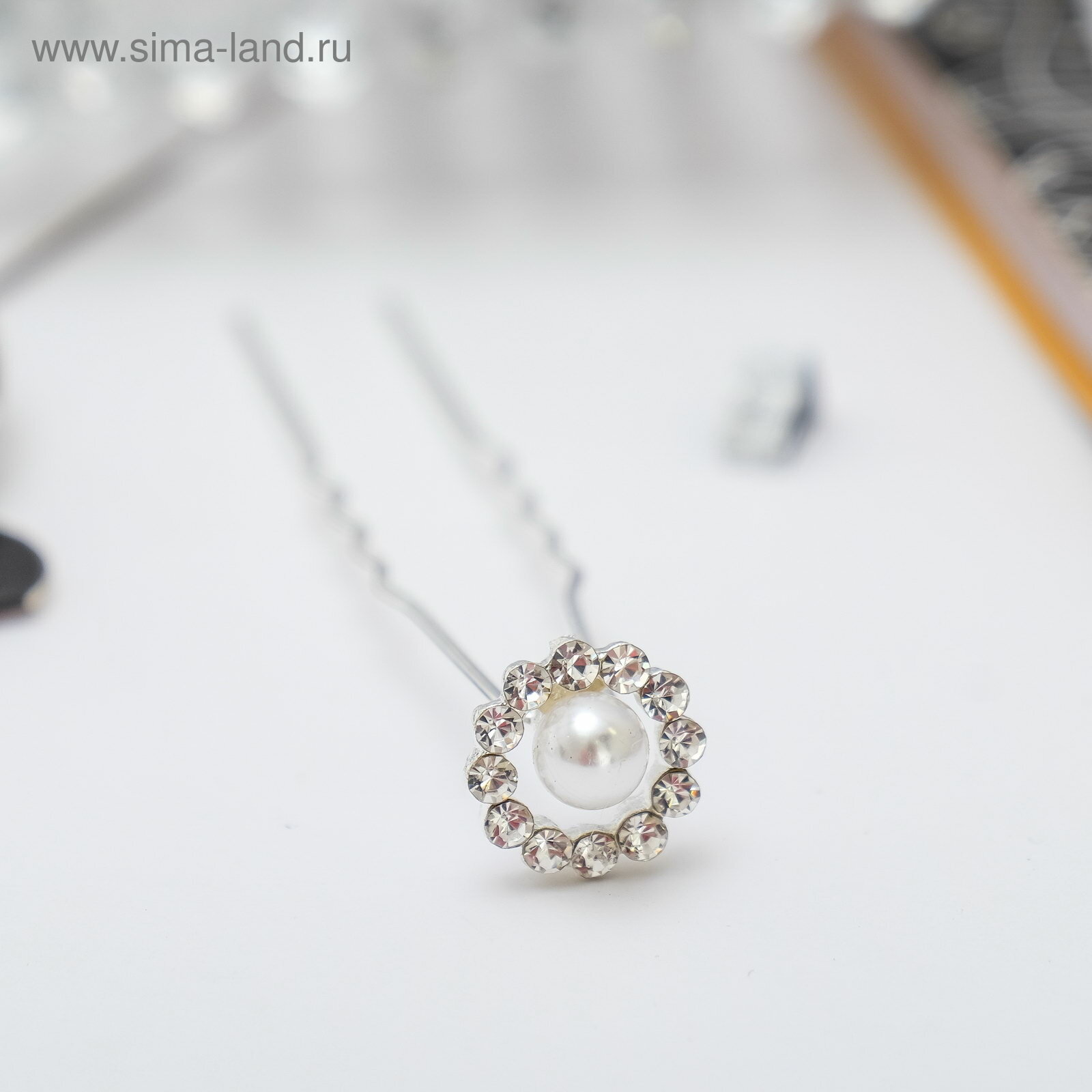 Шпилька для волос "Бусинка в круге", 1.2x6 см, серебро, цвет: белый, 12 шт.