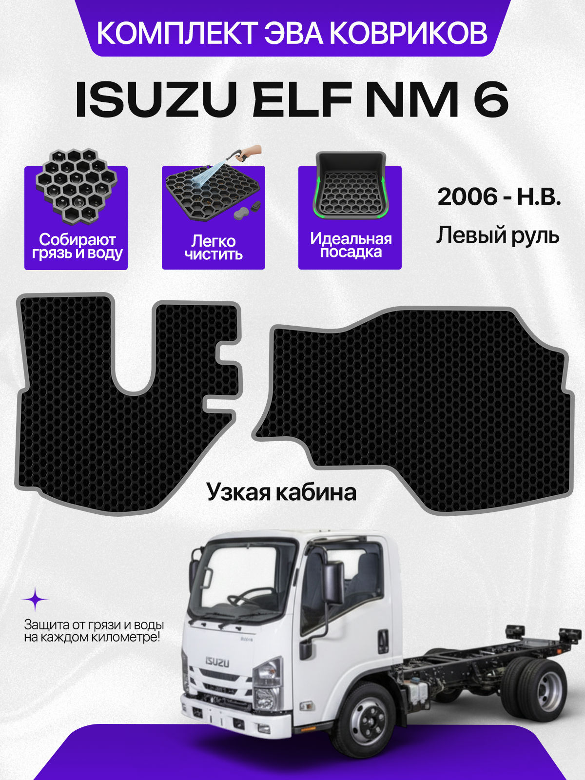 Передние коврики для ISUZU ELF NM 6 2006-н. в. Узкая кабина, Левый руль, черный с серым кантом(Исузу Эльф(Элф) кузов NM, NL 6 Рестайлинг, Узкая кабина) Ева, Eva