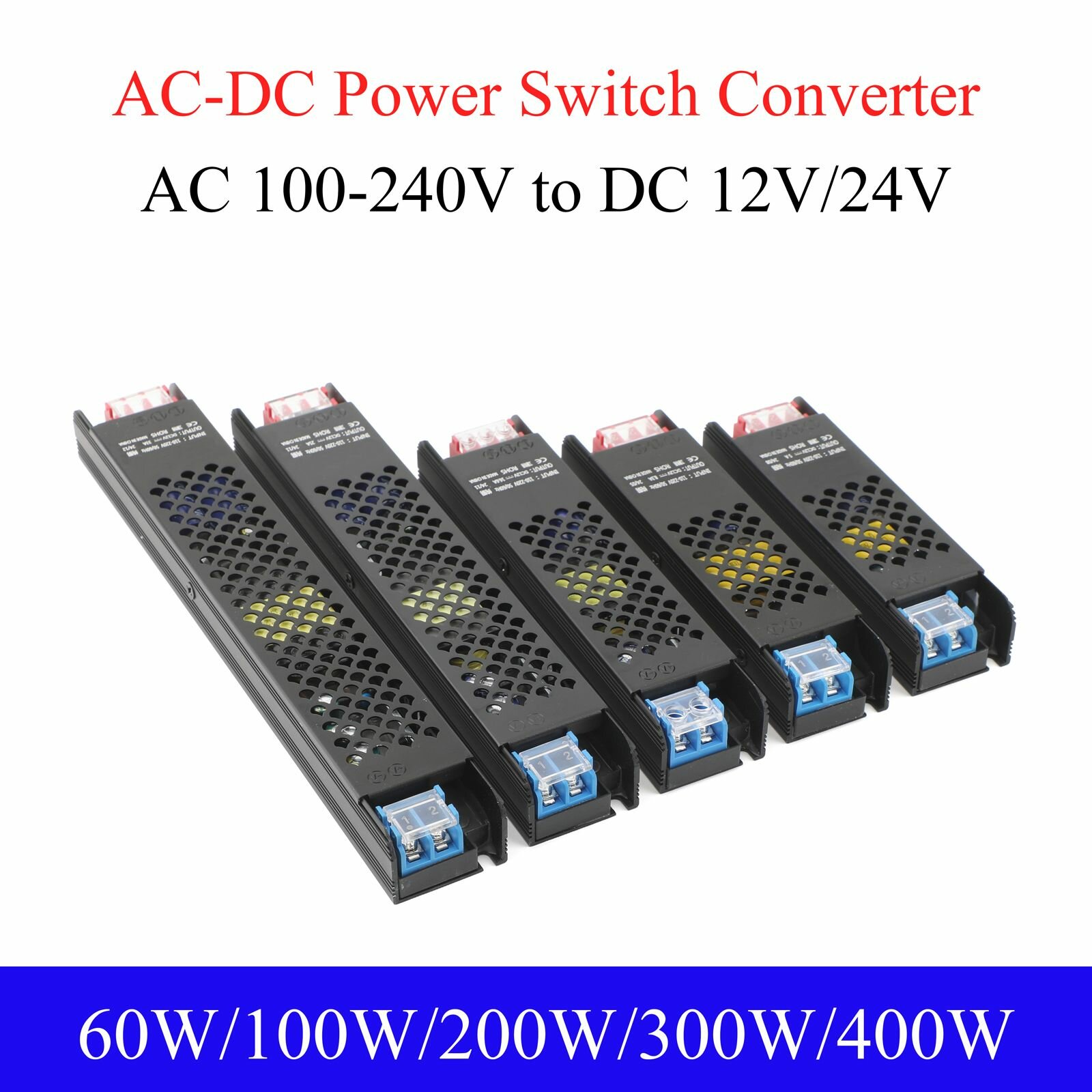 Ультратонкий импульсный источник питания переменного тока 110-240 В в постоянный ток 12 В 24 В, 60 Вт 100 Вт 200 Вт 300 Вт 400 Вт