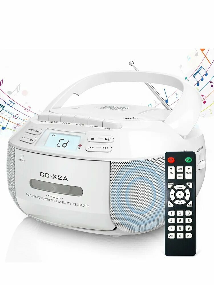 CD-плеер Бумбокс Кассетный плеер Комбо с Bluetooth, AM/FM радио, стереозвук с пультом дистанционного управления, AUX/USB привод, запись на кассету, питание AC/DC белый