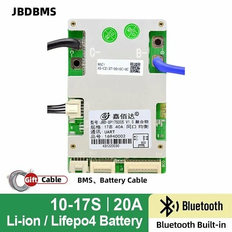 JBD Smart BMS li-ion 20A 10S 11S 12S 13S 14S 15S 16S 17S 24V 36V 48V Встроенный Bluetooth с функцией балансировки UART