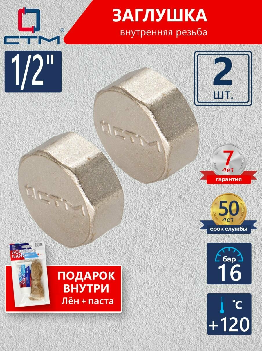 Заглушка 1/2", резьбовая, 2 шт +Комплект монт. Aquaflax nano (паста 30гр тюбик+ 15гр лен)