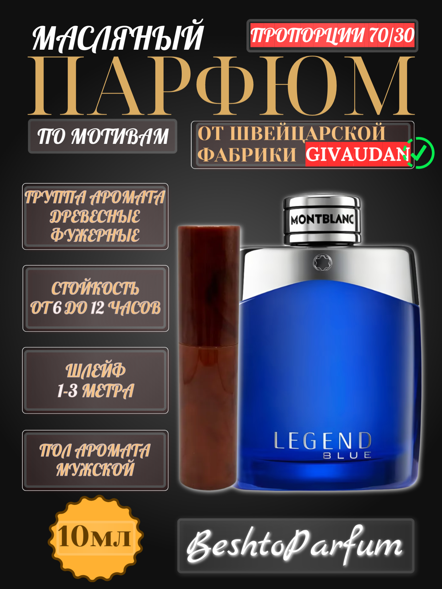 Масляные духи по мотивам Montblanc Legend Blue — стойкий свежий мужской аромат / 10мл