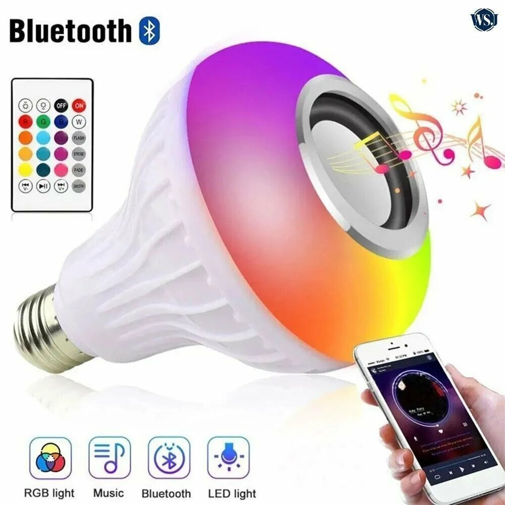 Умная светодиодная лампочка RGB со встроенной колонкой и пультом, Светильник разноцветный, музыкальный, диско шар разноцветный, энергосберегающая с блютузом