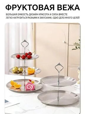 Фруктовница 3-х ярусная, 23 см, нержавеющая сталь, для десертов и фруктов, серебристая