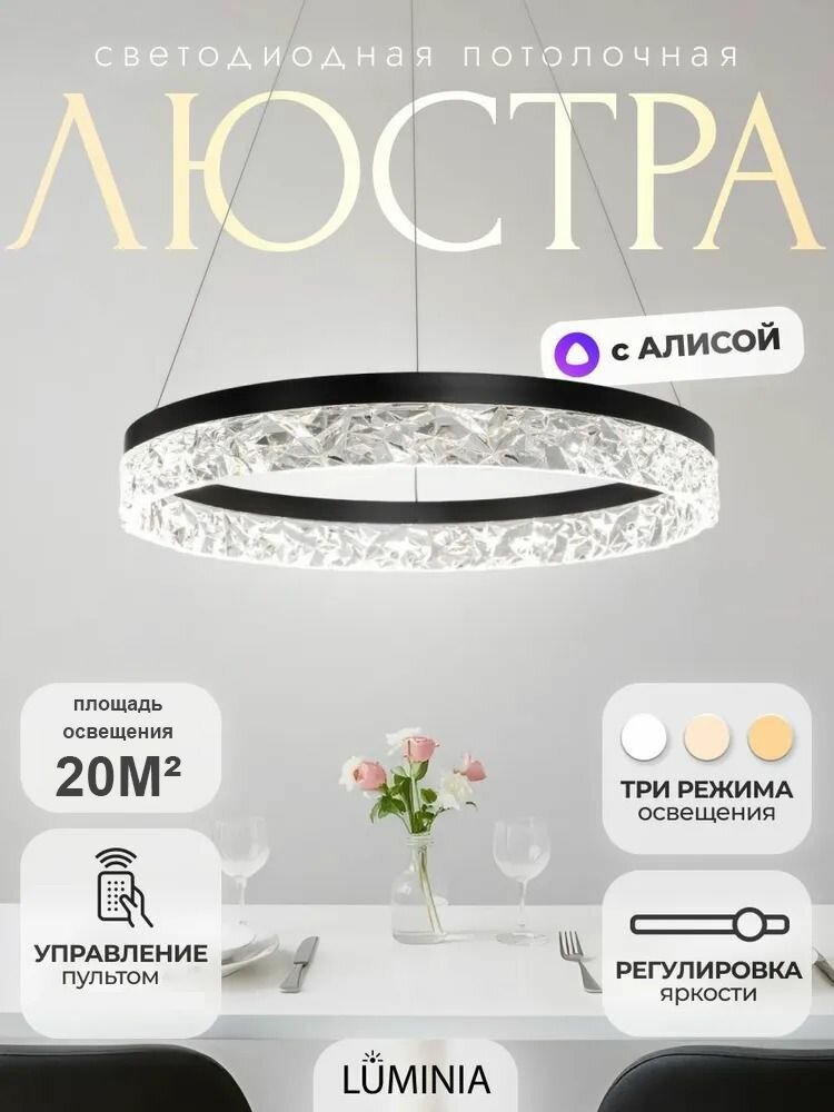 Люстра с Алисой светодиодная потолочная на кухню с пультом, подвесная в зал, в спальню и в гостиную, Черная