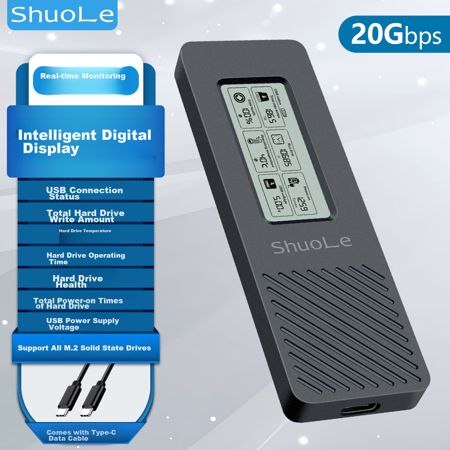 Shuole Интеллектуальная 20Гбит/с M.2 NVMe/SATA Двойной протокол SSD Корпус с Цифровым Дисплеем Type-C 3.2 Портативный