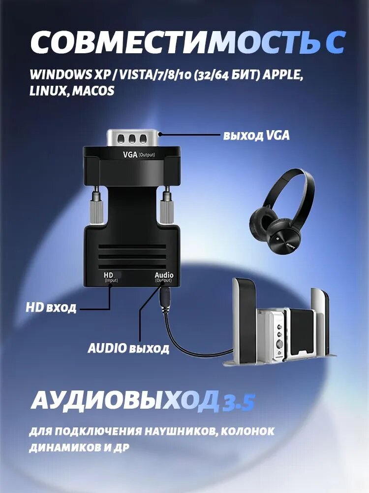 Видеокабель HDMI/VGA (D-Sub), черный — фото 1