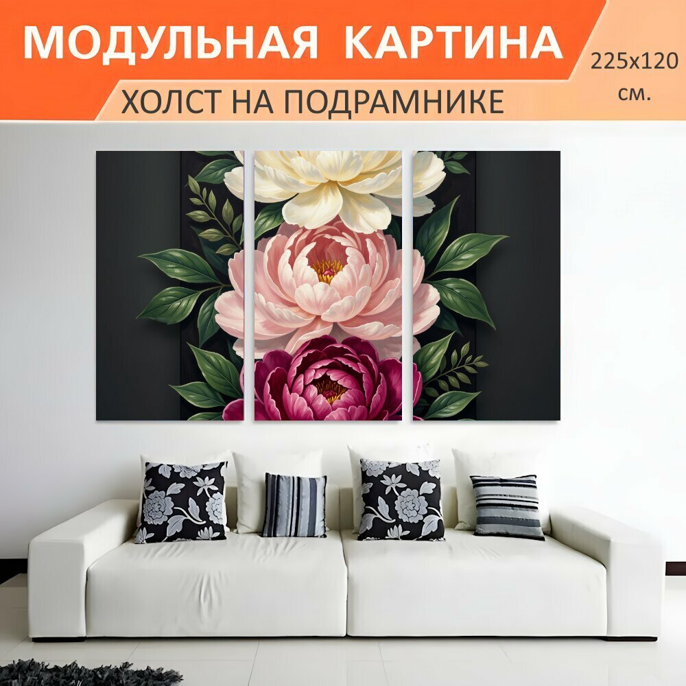 Модульная картина на холсте "Три пиона на темном фоне. Элегантная флоральная композиция с крупными махровыми цветами в кремовых." триптих на подрамнике 225х120 см. для интерьера