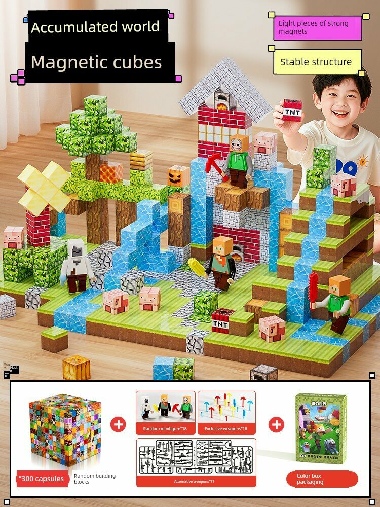 Набор магнитных строительных блоков Minecraft 408 шт. с 300 блоками, 18 фигурками, 89 оружием, сумкой и цифровой