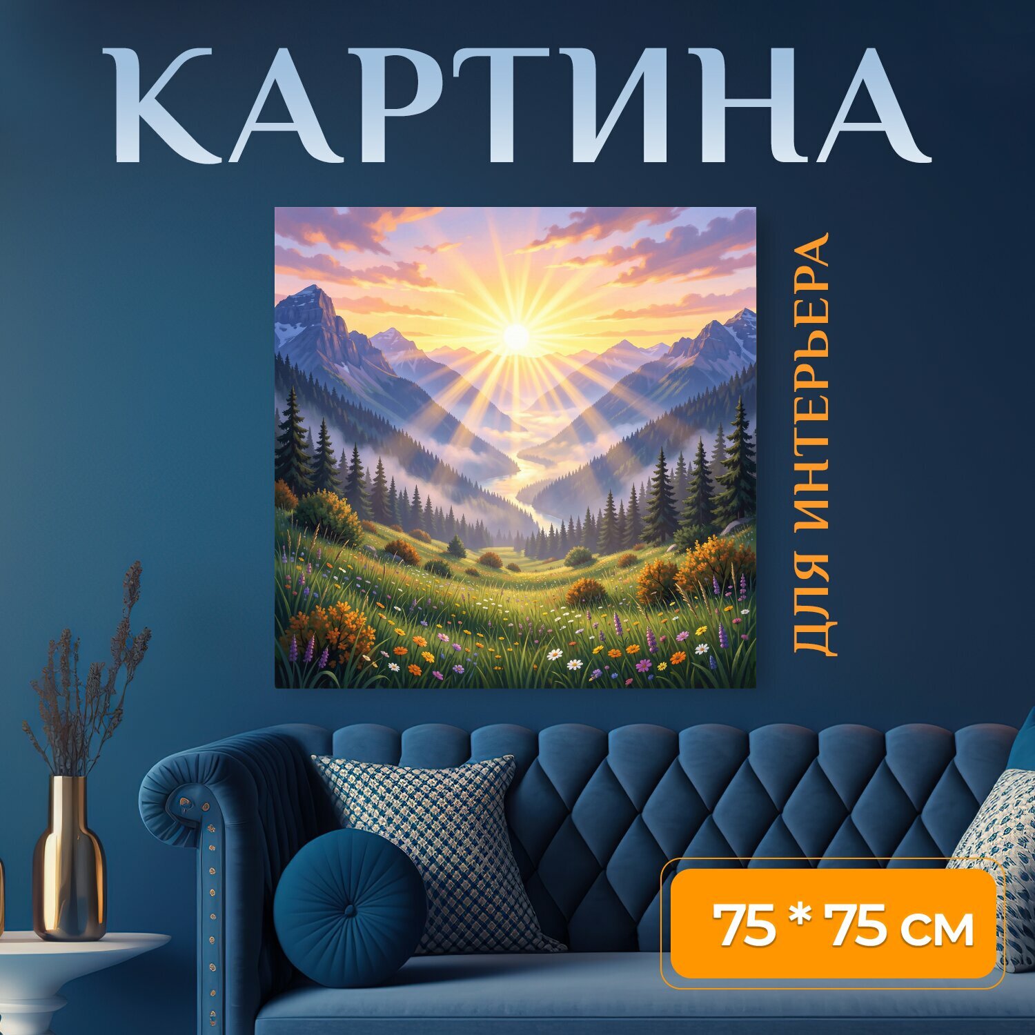 Картина на холсте "Солнечный рассвет в горах. Живописная альпийская долина с ярким восходом, лучами света, заснеженными вершинами, хвойным." на подрамнике 75х75 см. для интерьера