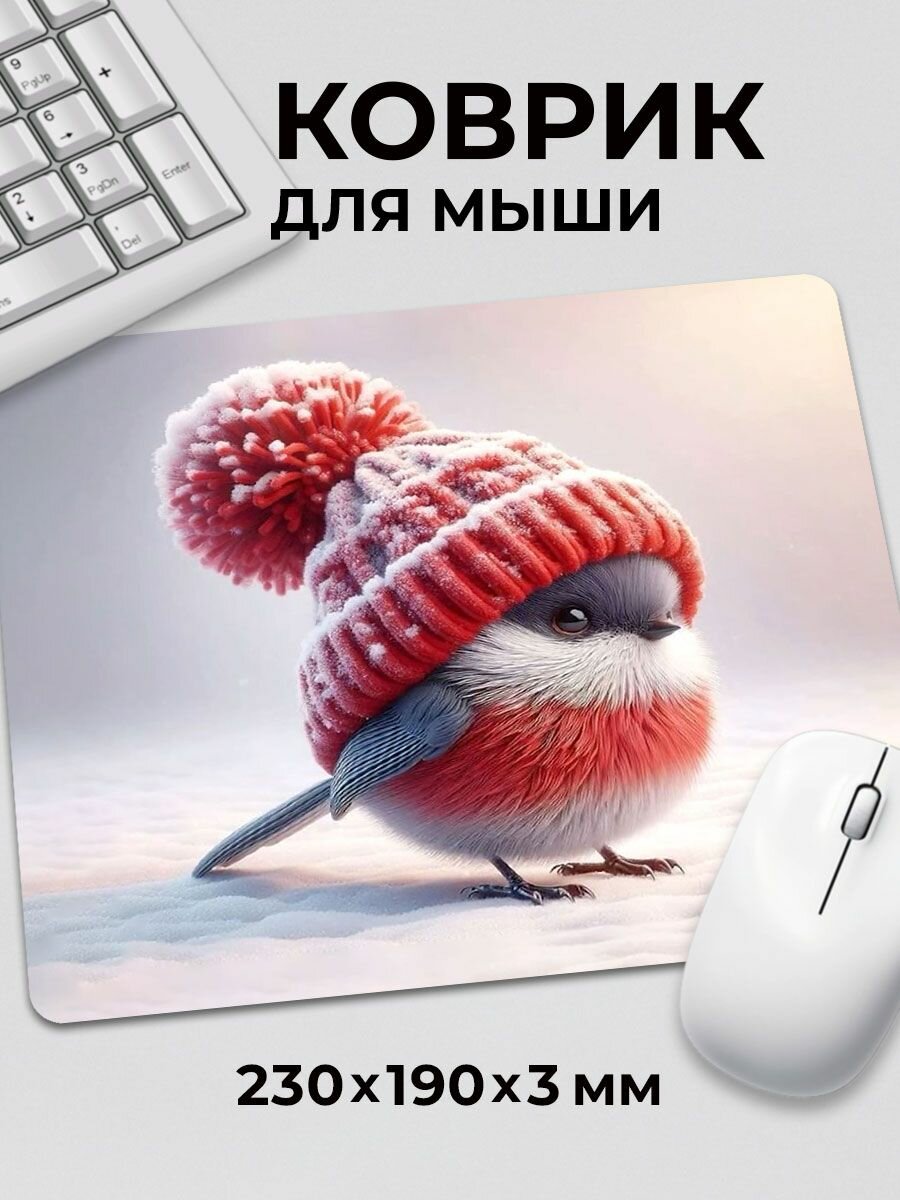 Коврик для мышки Птица Снегирь в крсной шапке Зима c тканевой поверхностью, на нескользящем резиновом основании