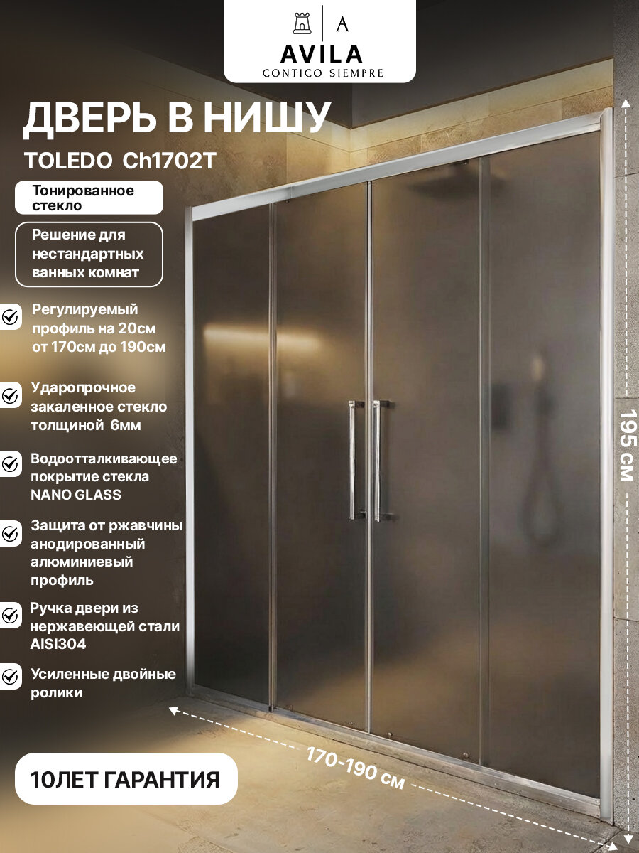 Дверь в нишу CH1702-190, профиль хром, стекло тонированное(6мм), NANO GLASS