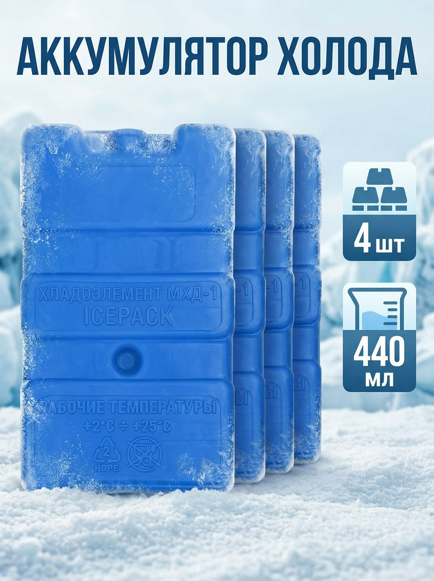 Аккумулятор холода для термосумки 0,44 л, 4 шт. Хладоэлемент. Генератор холода.