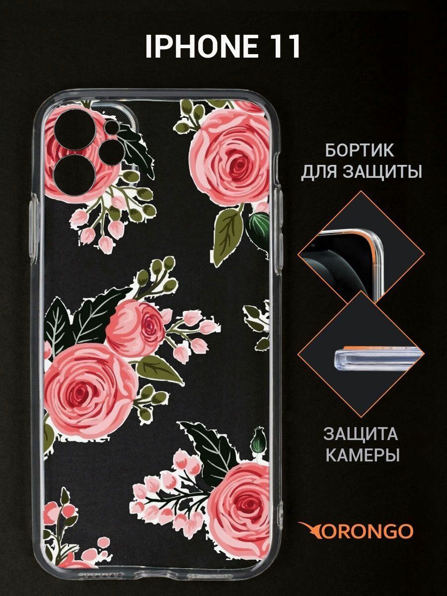 Чехол на iPhone 11 прозрачный с рисунком, с защитой камеры, с принтом розы / Айфон 11