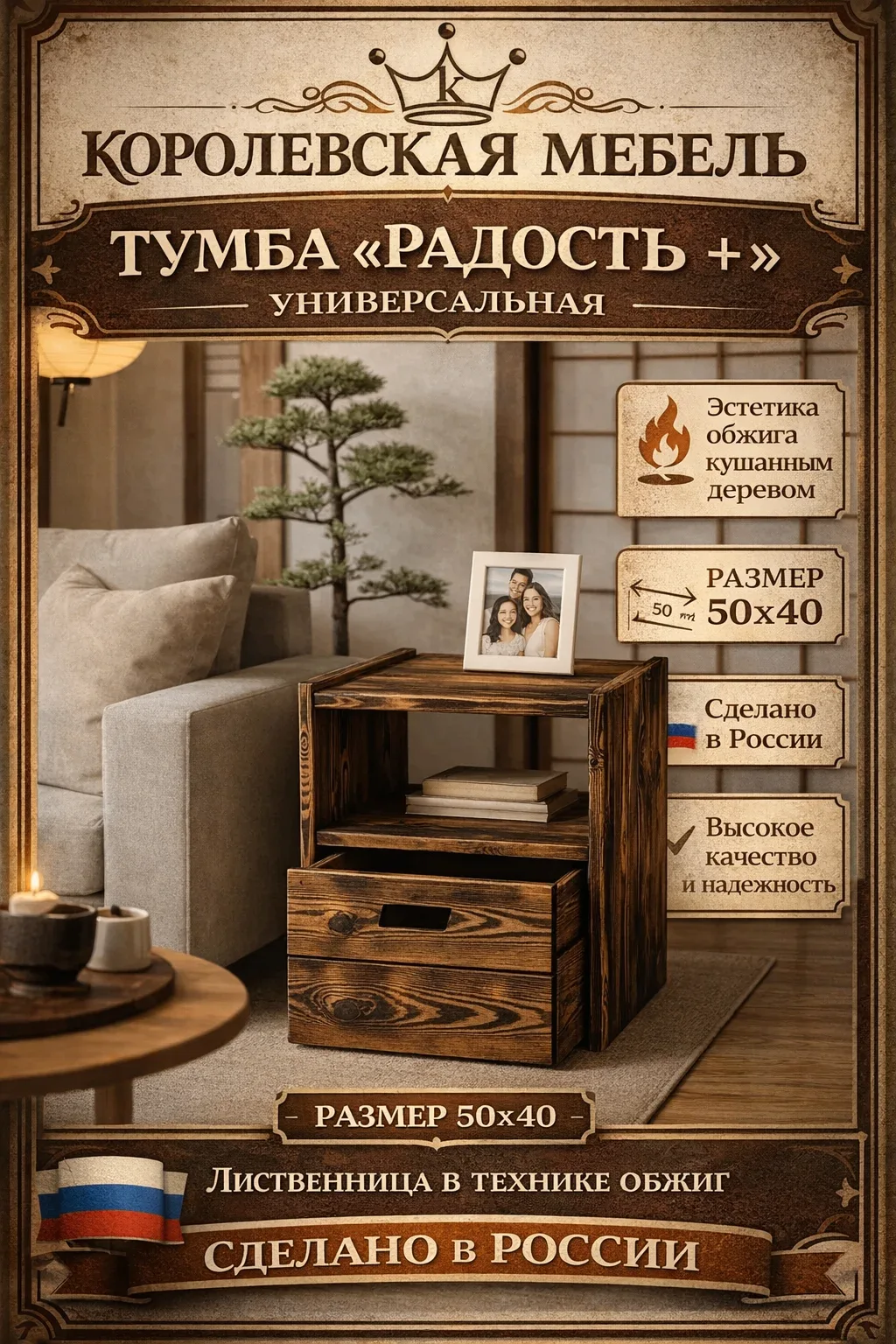 Тумба прикроватная с ящиком из массива лиственницы, деревянная тумбочка для спальни обоженная