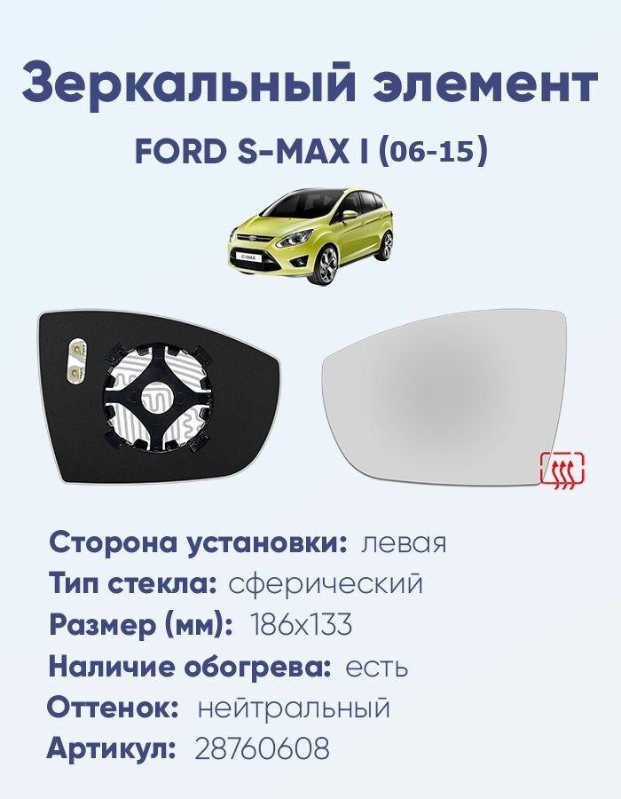 Зеркальный элемент левый FORD S-MAX I (06-15) сфера нейтральный с обогревом