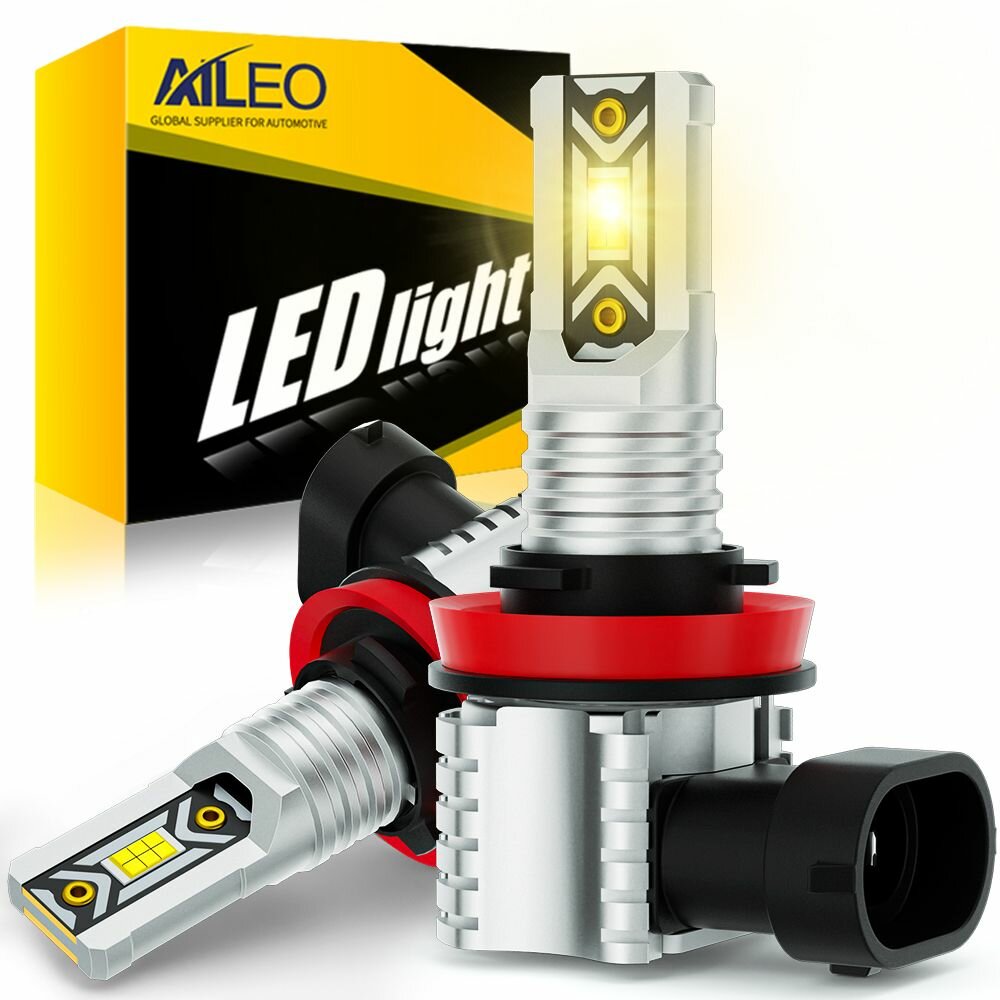 AILEO Лампа автомобильная H11/H8/H9/H16, 4300 шт. арт. AILEO Яркость 600% H8 H9 H11 led 4300K суперяркие 18000Лм Дизайн без вентиляторов 12 CSP чипов 2шт