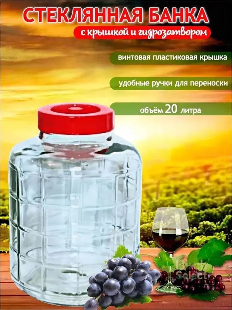 Стеклянная банка для консервирования 20 литров с гидрозатвором и крышкой для алкогольных и безалкогольных напитков