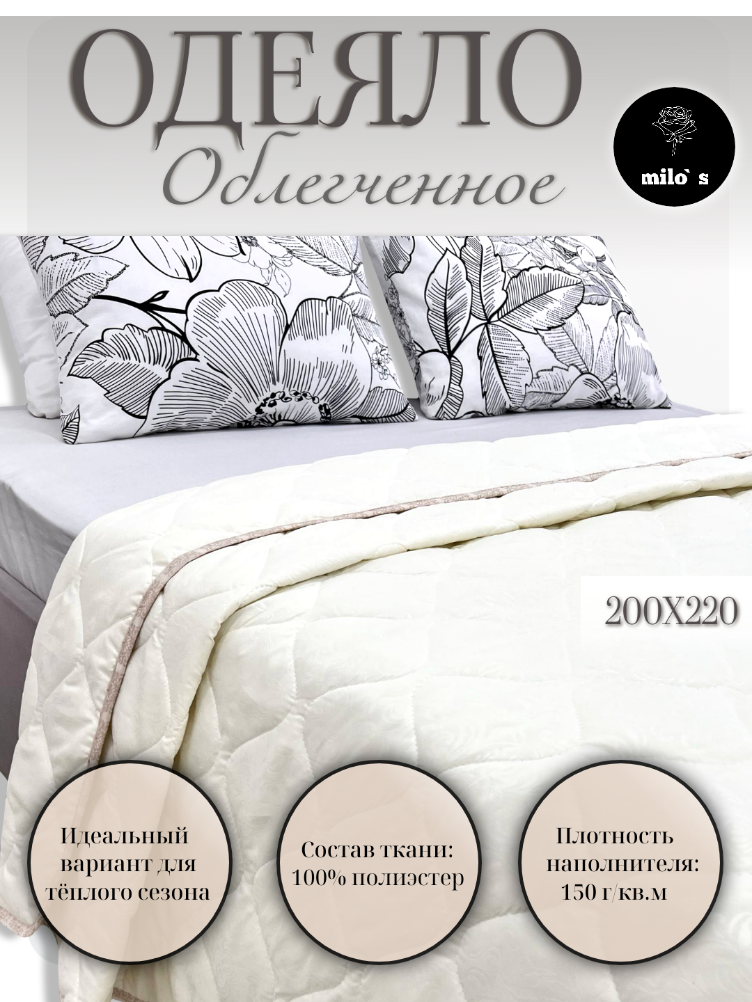 Одеяло milo's, силиконизированное волокно, евро, 200х220 см, микрофибра, облегченное