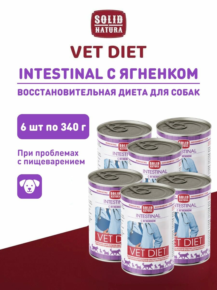 Влажный корм для собак Solid Natura VET Intestinal при проблемах с пищеварением с ягненком, упаковка 6 шт х 340 г