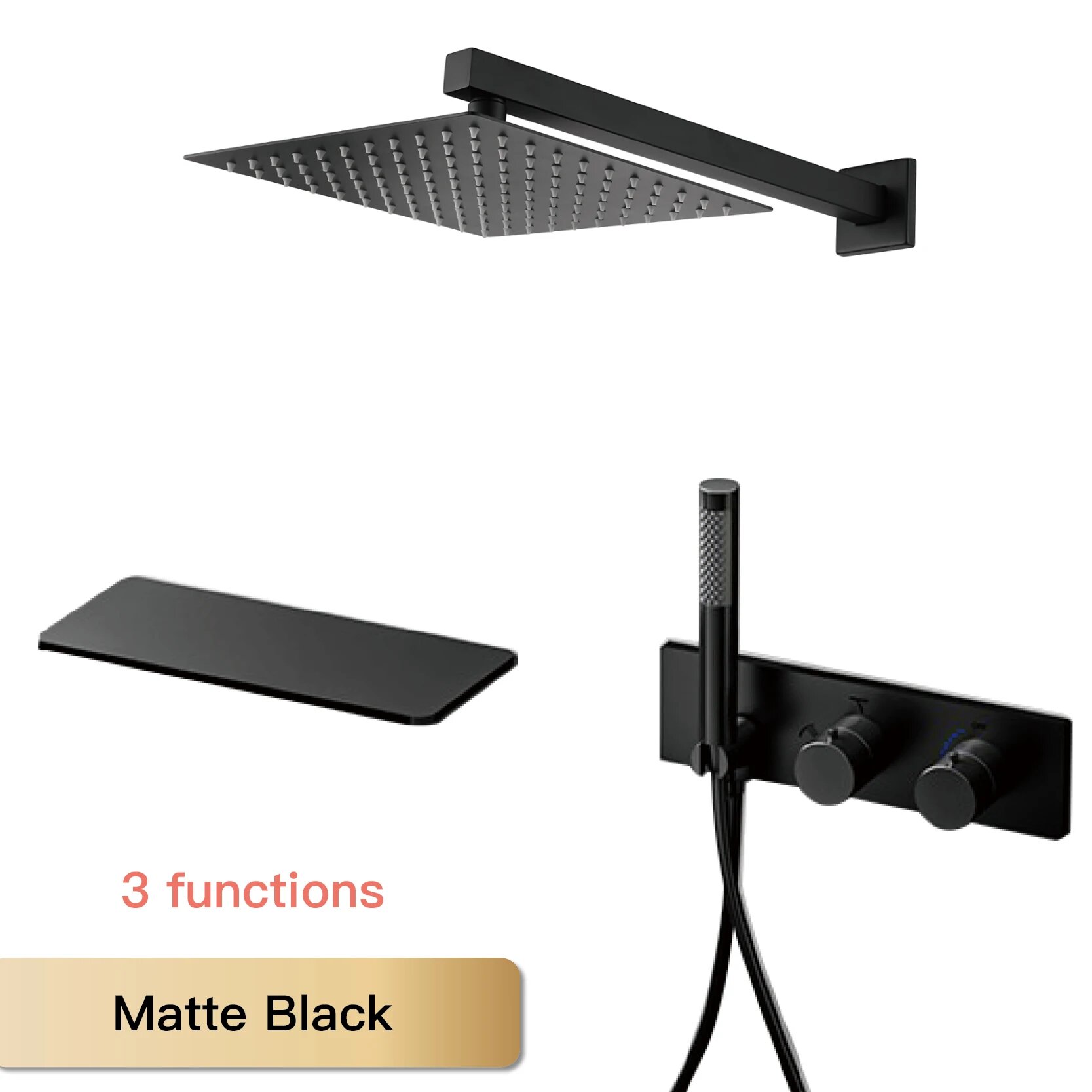 Современная черно-латунная ванная термостатическая потолочная душевая система настенная 3-функциональная водопадная кран для холодной и горячей воды-3 матовый черный