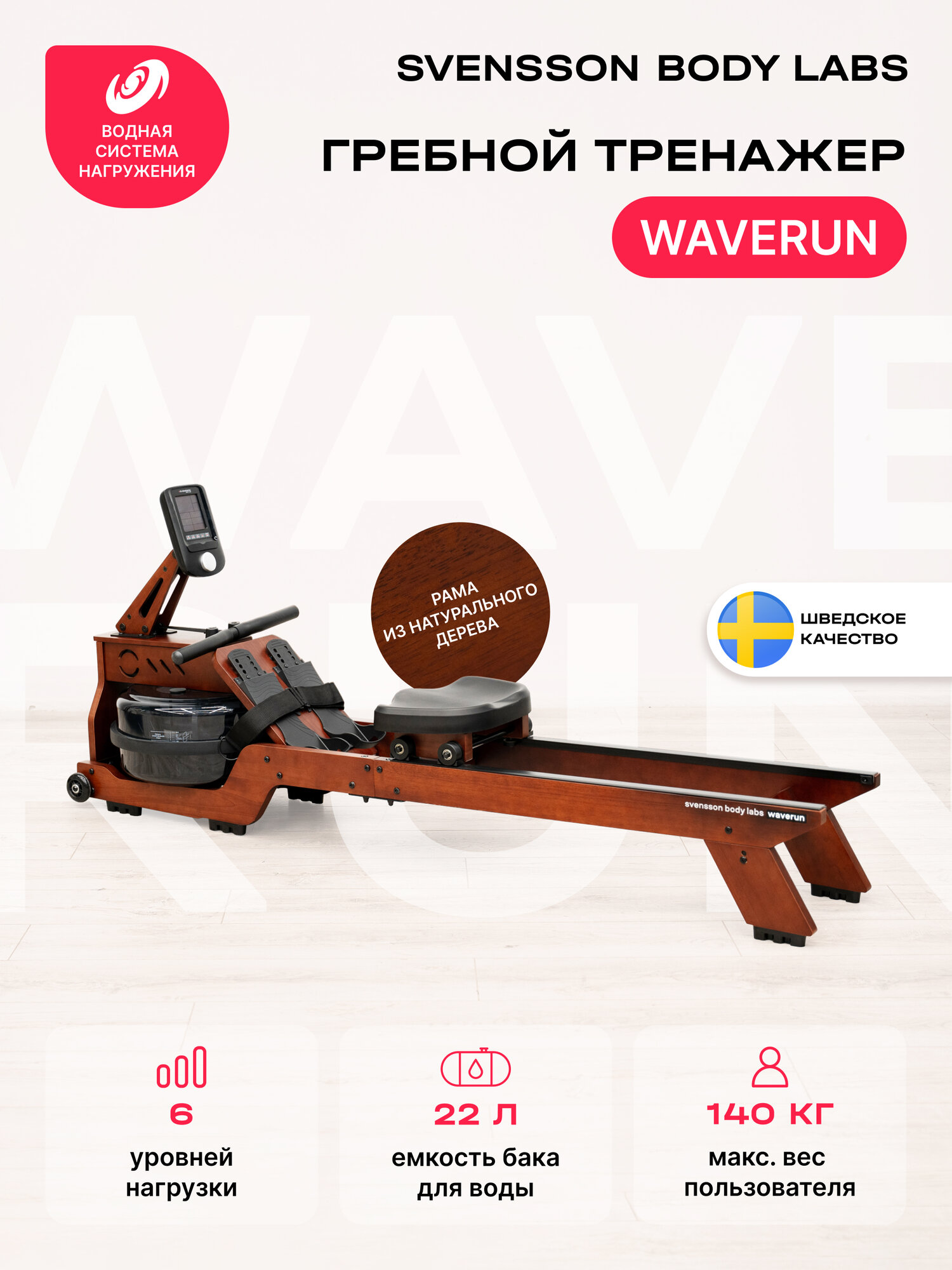 Гребной тренажер SVENSSON BODY LABS WAVERUN, для дома, водное сопротивление