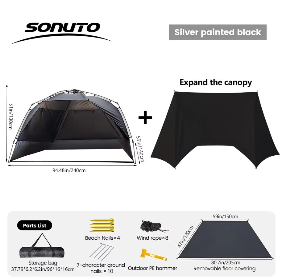 Палатка для кемпинга Sonuto Outdoor 3-4P с быстрым автоматическим открытием, пляжная палатка для рыбалки, семейная палатка для путешествий, пикника и парка, анти-UV тень, черно-серебристая окраска
