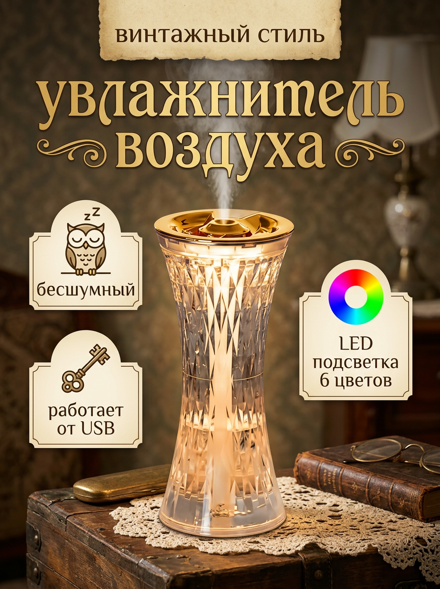 Увлажнитель воздуха USB универсальный с LED подсветкой 6 цветов