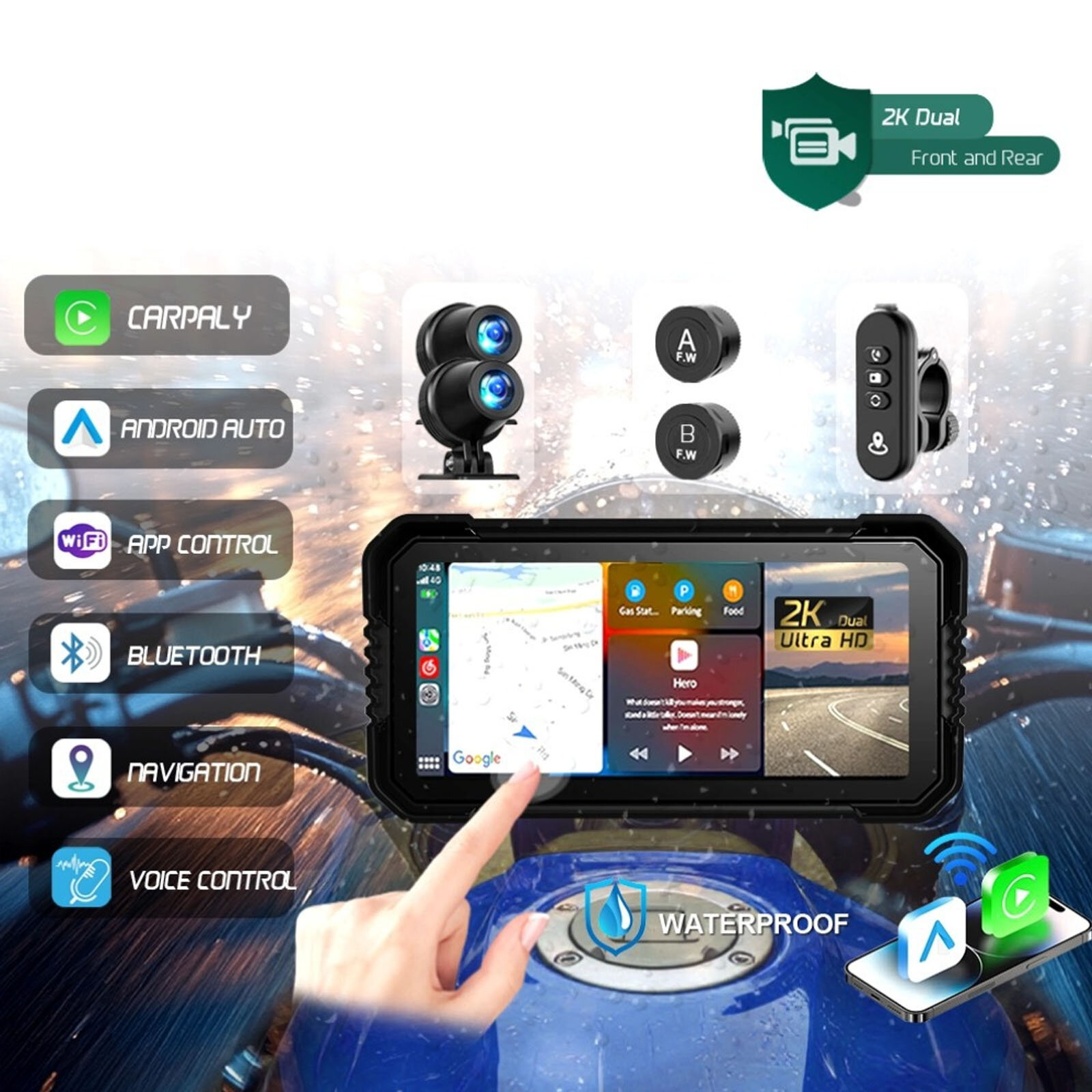 С Carplay Мотоцикл DVR, 6.25 "Экран, 2 камеры, 1 пульт дистанционного управления, GPS, мониторинг давления шин