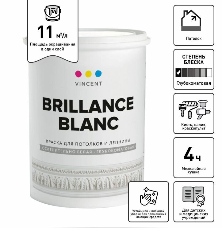 Краска для потолков и лепнины 0,9 л белая (база A) Brilliance Blanc VINCENT