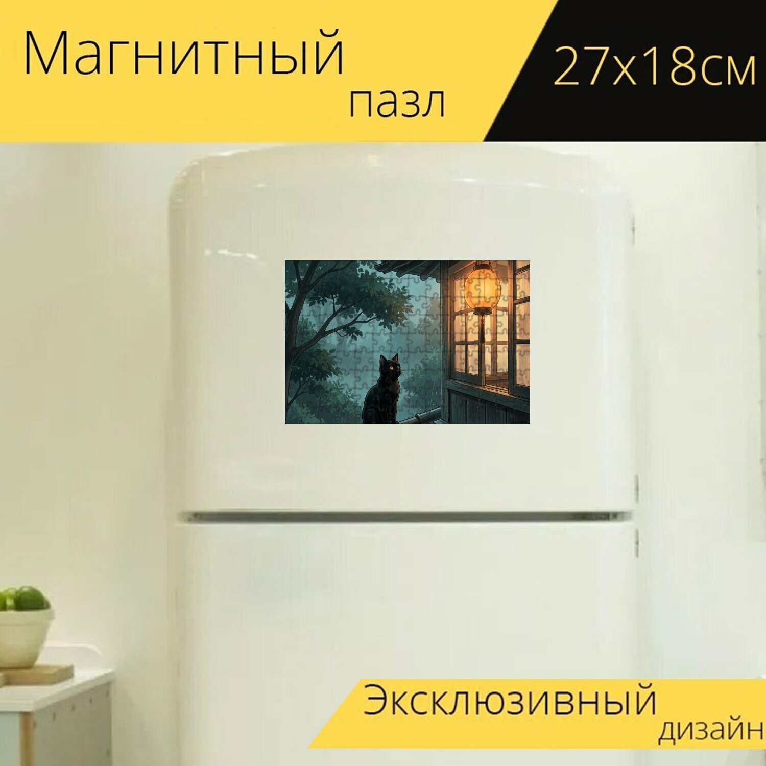 Магнитный пазл "Черный кот под дождем у дома. Атмосферная иллюстрация: темный кот на крыше рядом с японским домом, теплый свет фонаря в окне, дождливый." на холодильник 27 x 18 см.